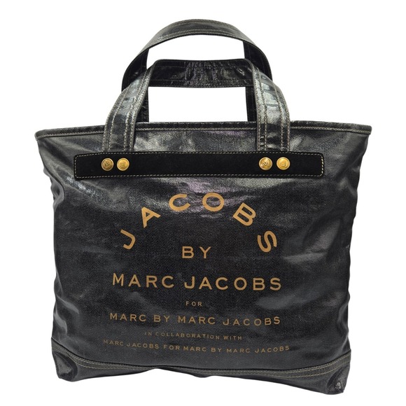 Marc Jacobs | Bags | Marc Jacobs Tote Bag Black Denim Metallic Logo ...